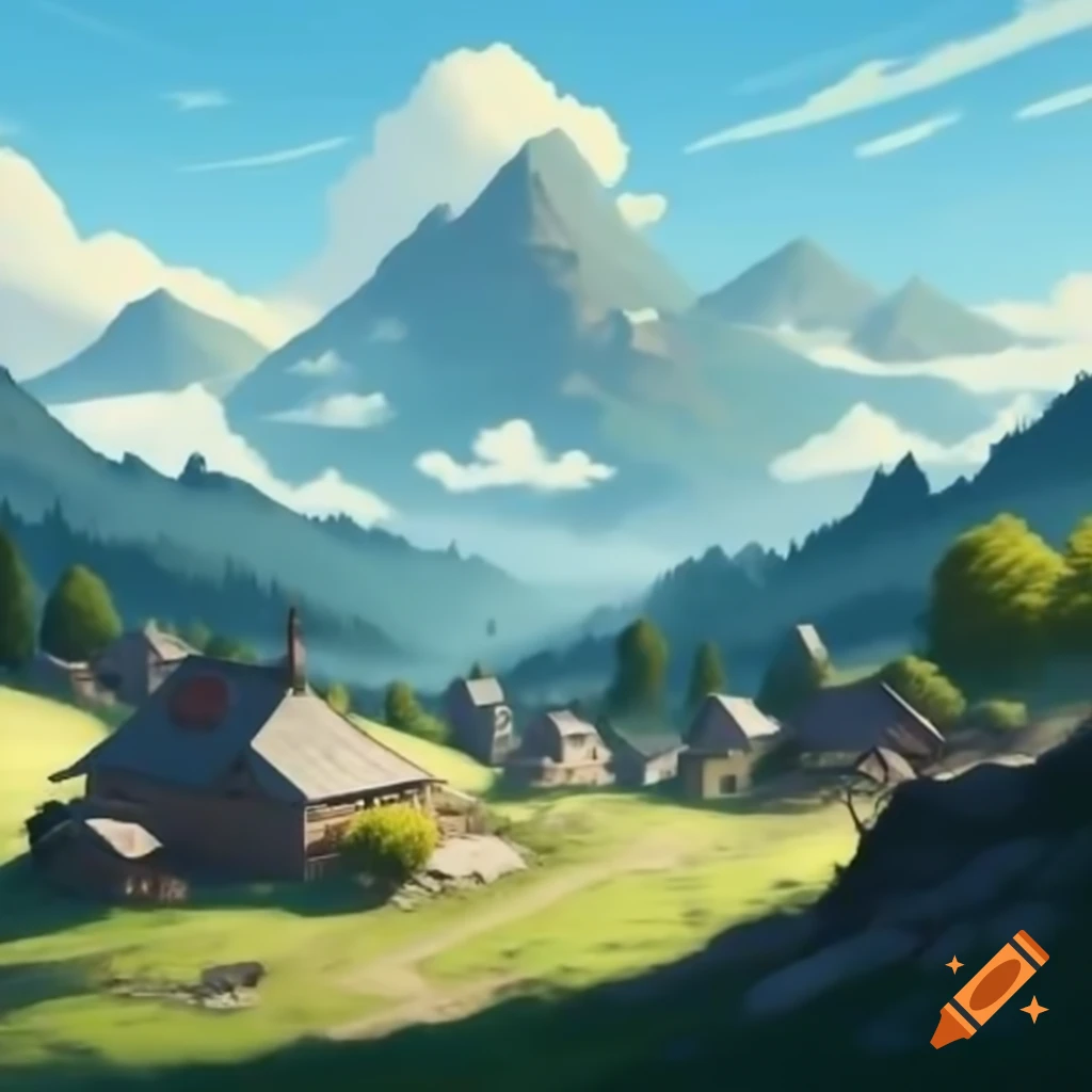 Peaceful remote village nestled in the mountains on Craiyon