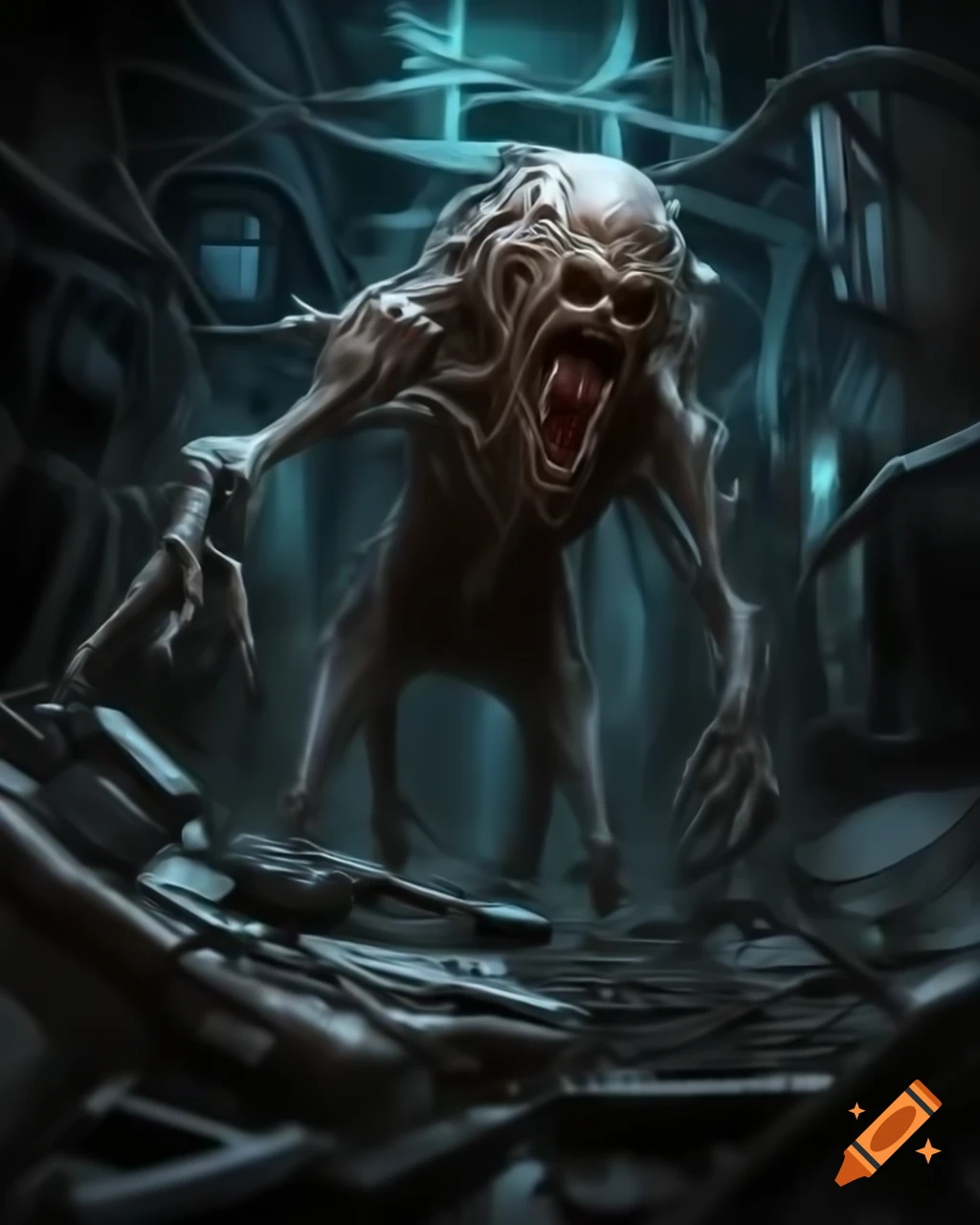 Three-quarter view of a grotesque Cyberpunk creature on Craiyon