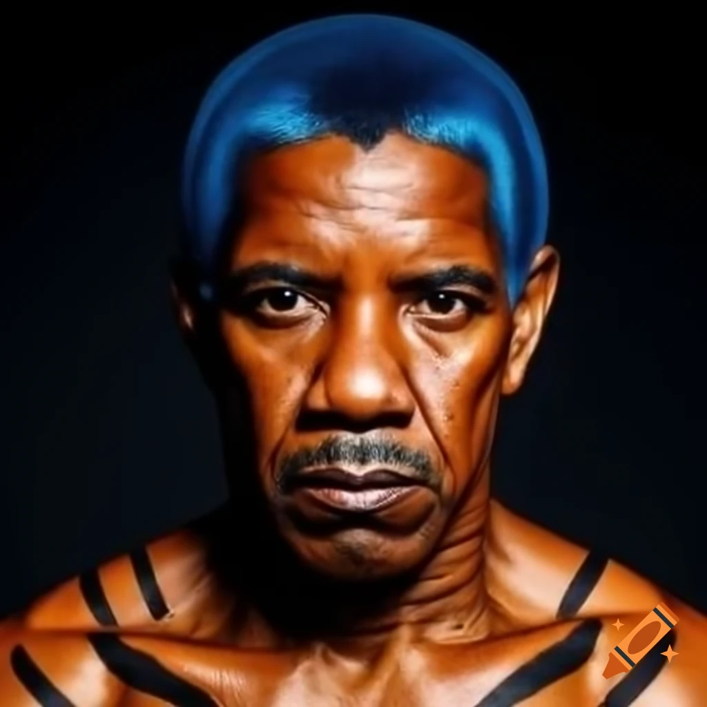 Muscular man with tiger-style makeup featuring blue hair and orange ...