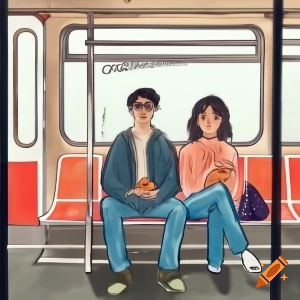Man and woman seated on subway, with a focus on manspreading on Craiyon