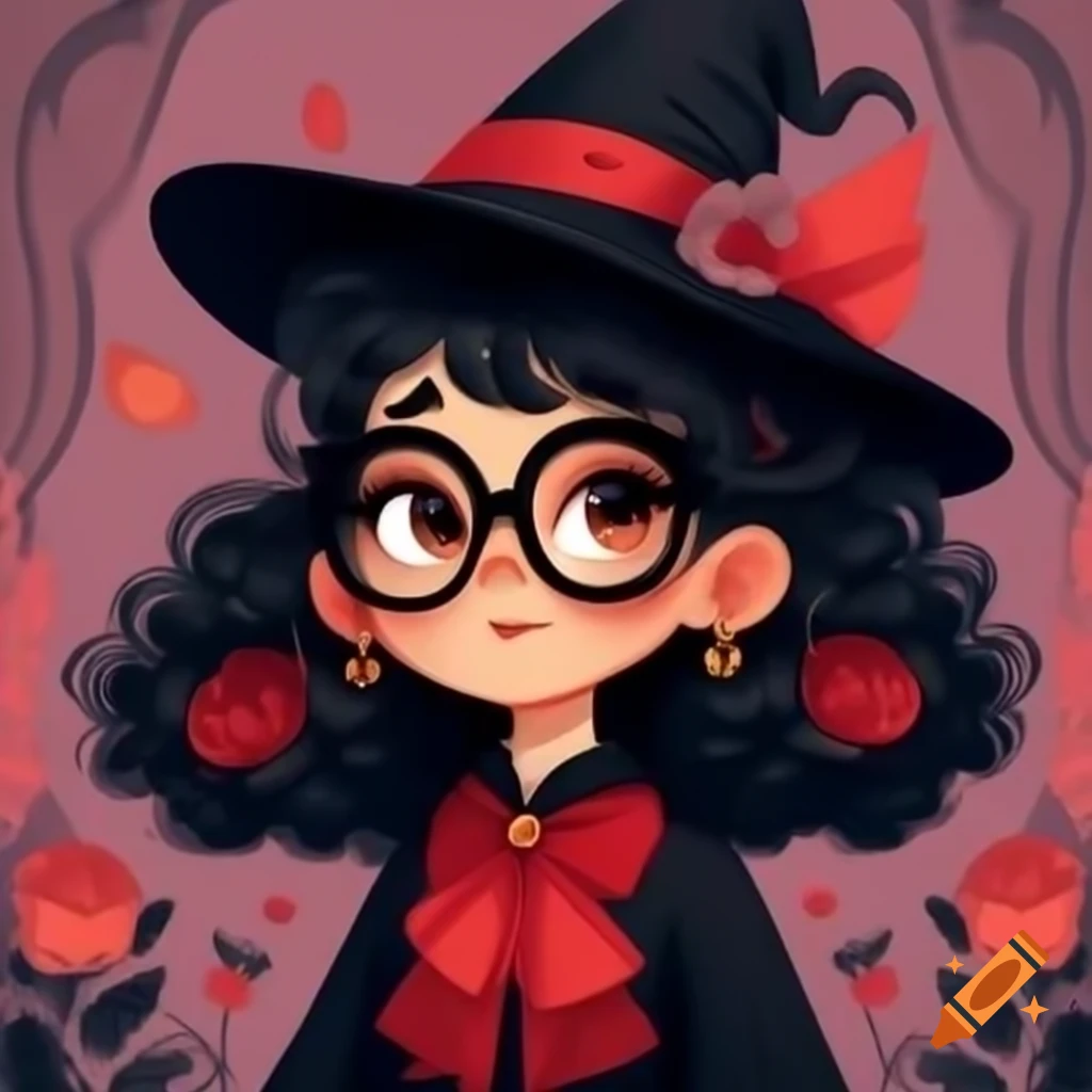 Cartoon of curvy girl with curly hair in witch hat and roses on Craiyon