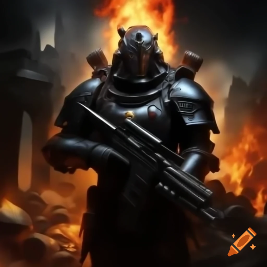 Futuristic armored figure emerging from flaming city ruins with glowing ...