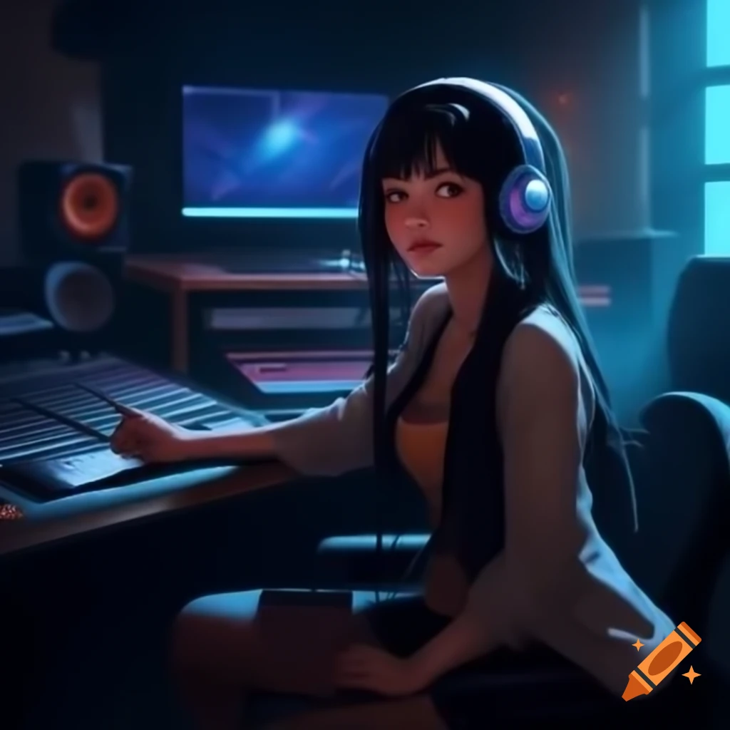 Young woman in music studio with long black hair, pop star style ...
