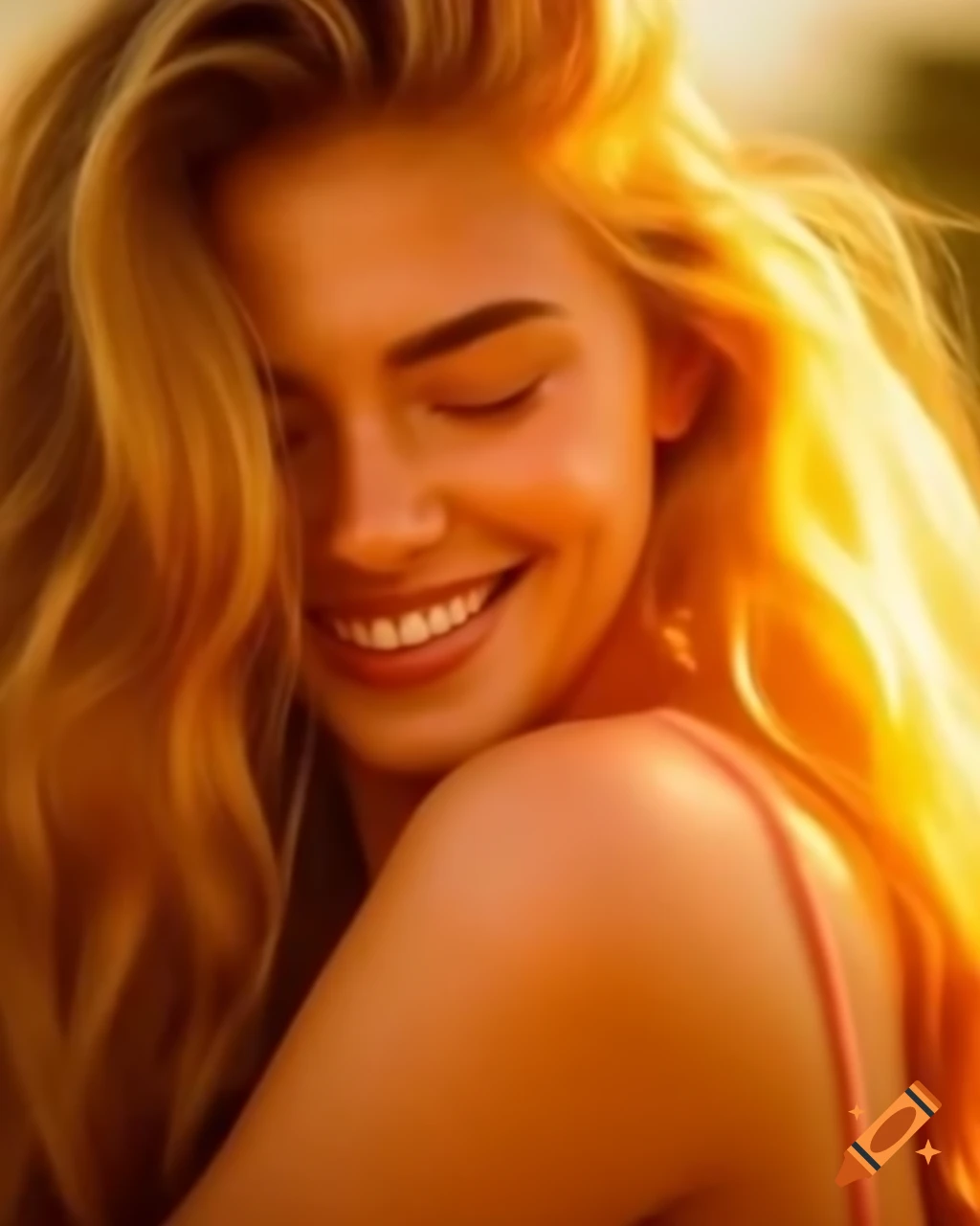 Beautiful woman with golden hair and pink crop top glowing in sunshine ...