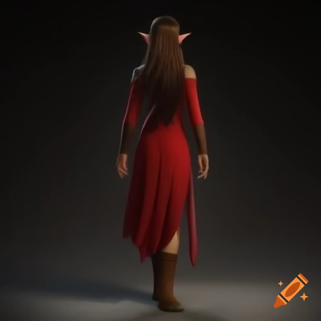 Brunette elf in red long-sleeved dress from behind on Craiyon
