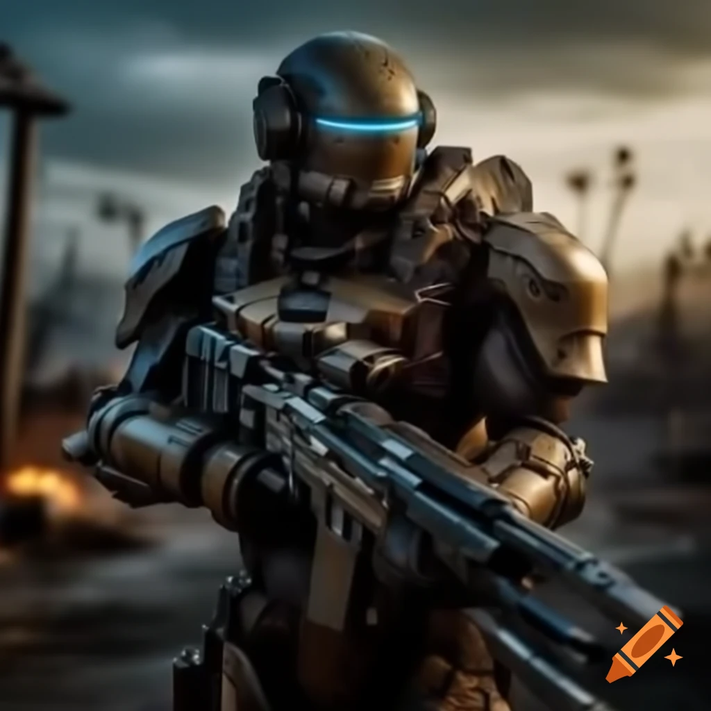 Cyborg warrior in armor with laser rifle in post-apocalyptic wasteland ...