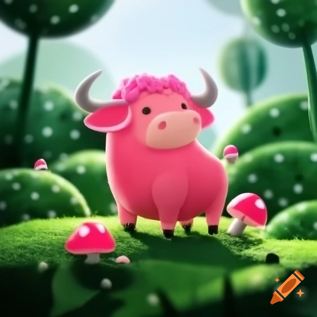 Whimsical pink buffalo among vibrant pink mushrooms in Thai landscape ...