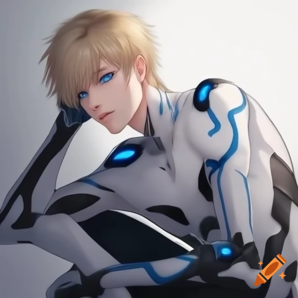 Young man with blue eyes and blonde hair featuring subtle cyborg elements on Craiyon