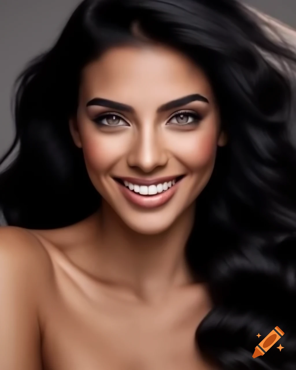 Elegant Israeli woman with exotic brown eyes and long black wavy hair ...