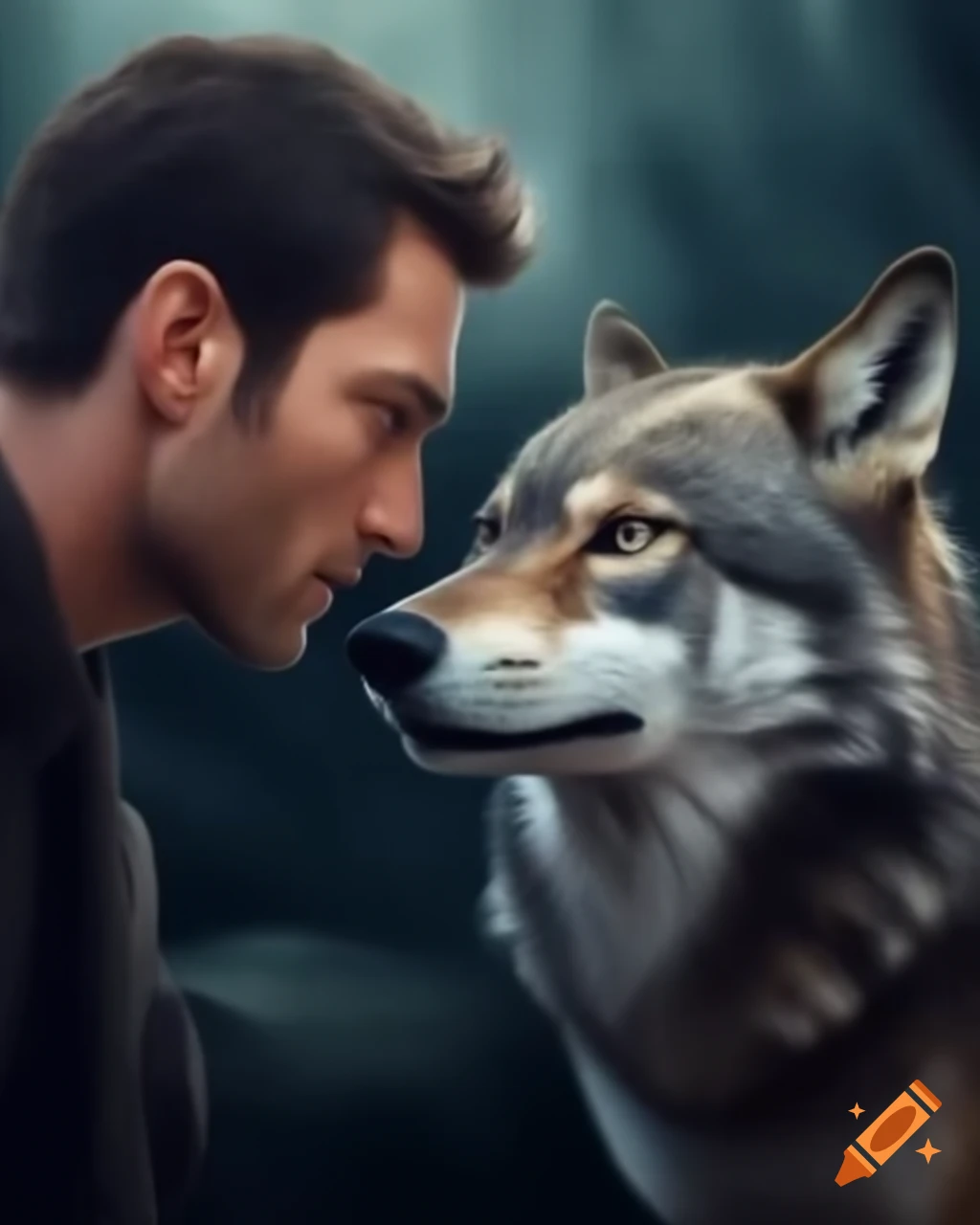 Serious man with wolf whispering in his ear on Craiyon