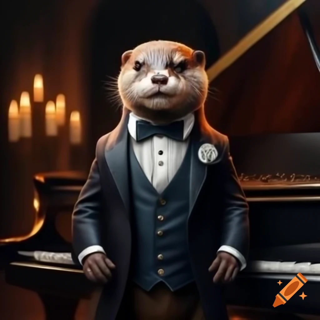 Dapper otter in tuxedo performing piano in candlelit setting on Craiyon