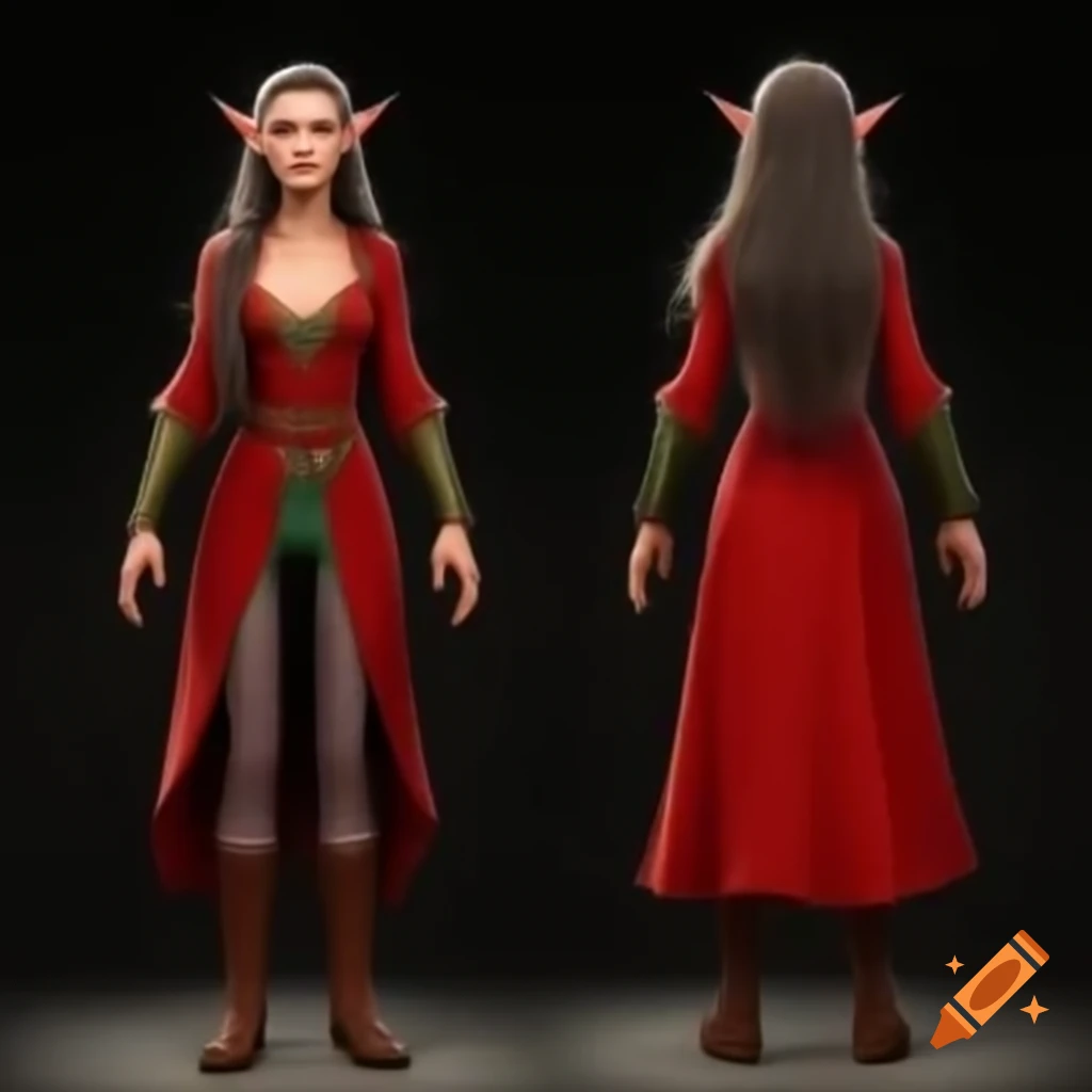 Brunette elf in red dress and brown ankle boots viewed from behind on Craiyon