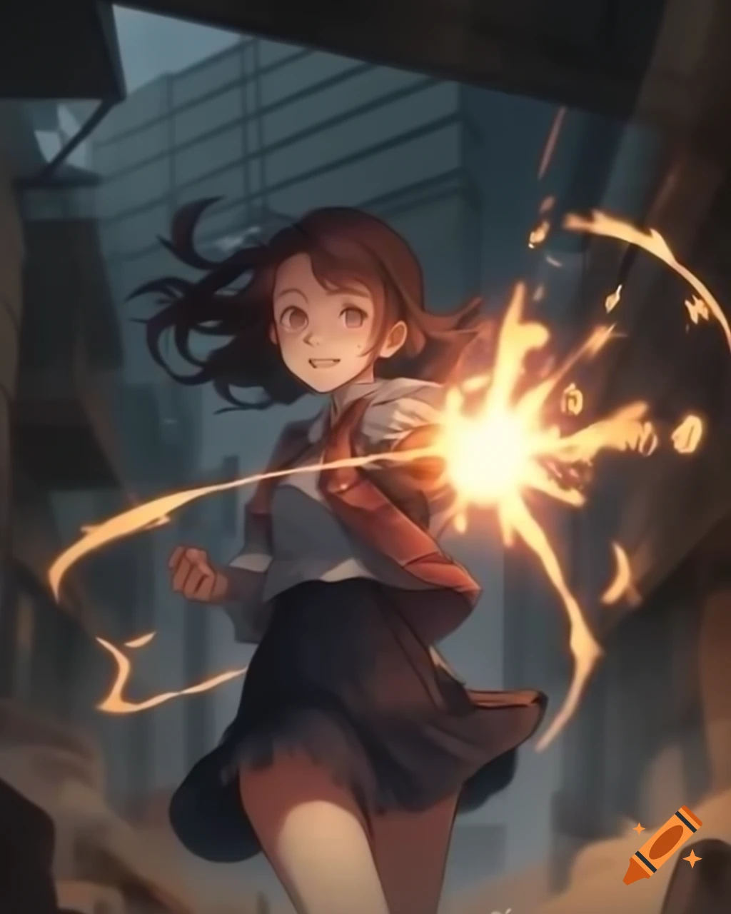 Young anime heroine with electrical powers amidst concrete buildings on ...