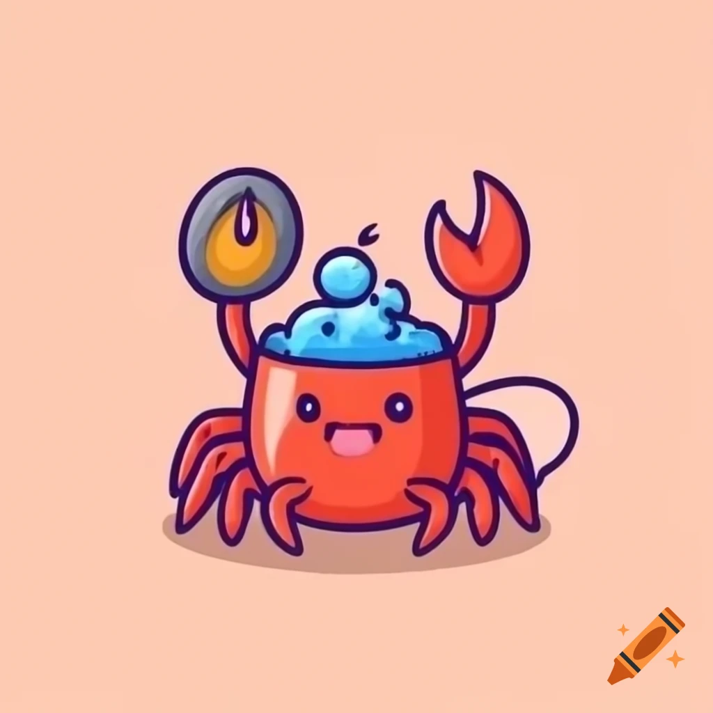 Cheerful cartoon crab cooking in pot with spoon in bright colors on Craiyon