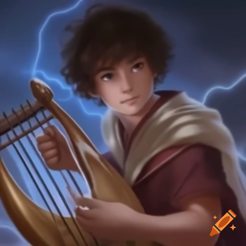 Anime young man with curly hair playing lyre and controlling a storm on ...