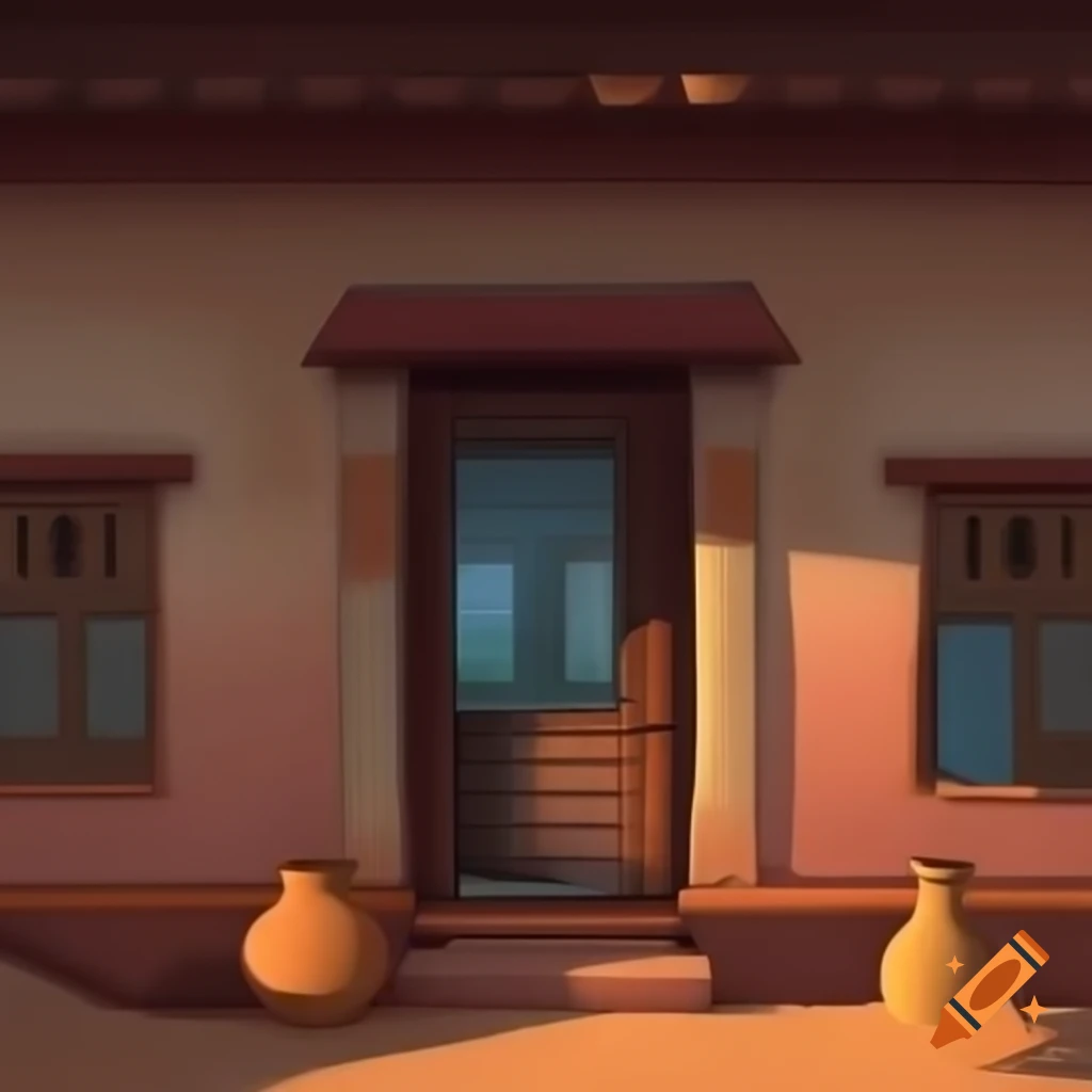 Cartoon-style animation background of Indian village house exterior and ...