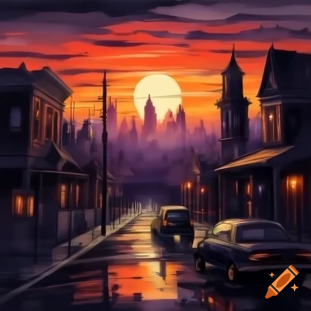 Horror-themed monster silhouetted against sunset in city on Craiyon