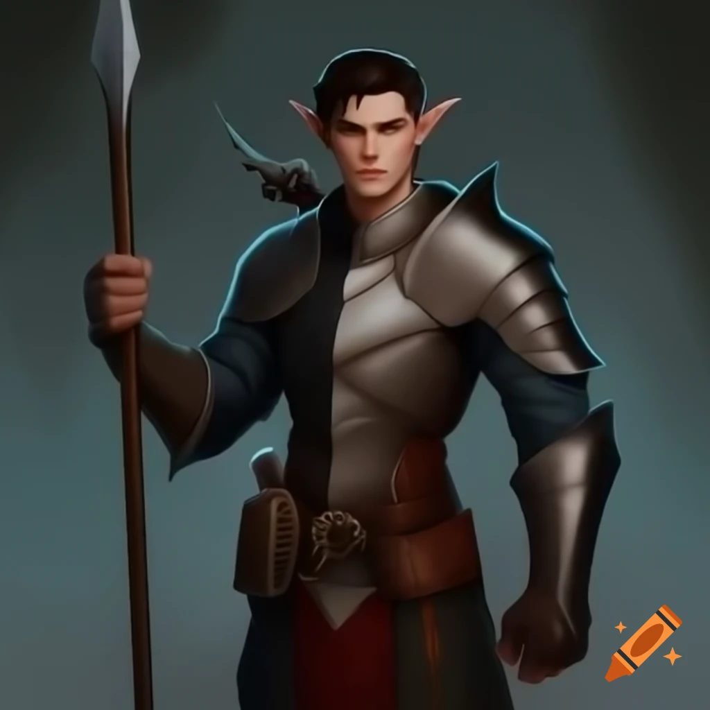 Male fantasy elf warrior in modern body armor holding a spear on Craiyon