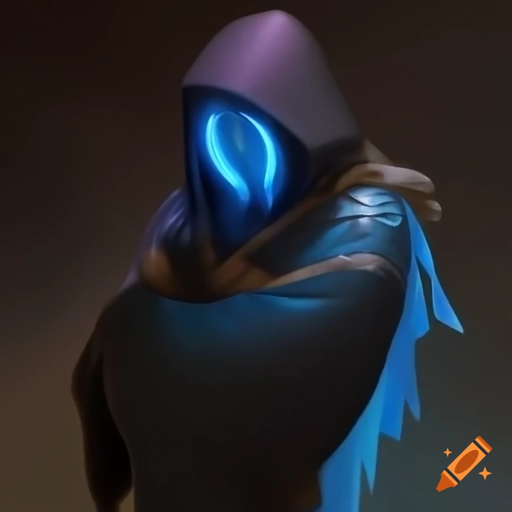 Humanoid figure made of energy in fantasy robe and sci-fi mask, blue ...