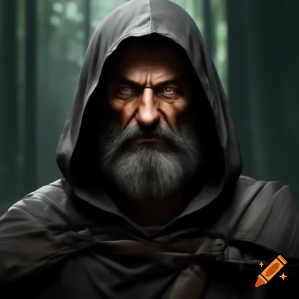 Hooded middle-aged human ranger with black and grey hair exploring ...