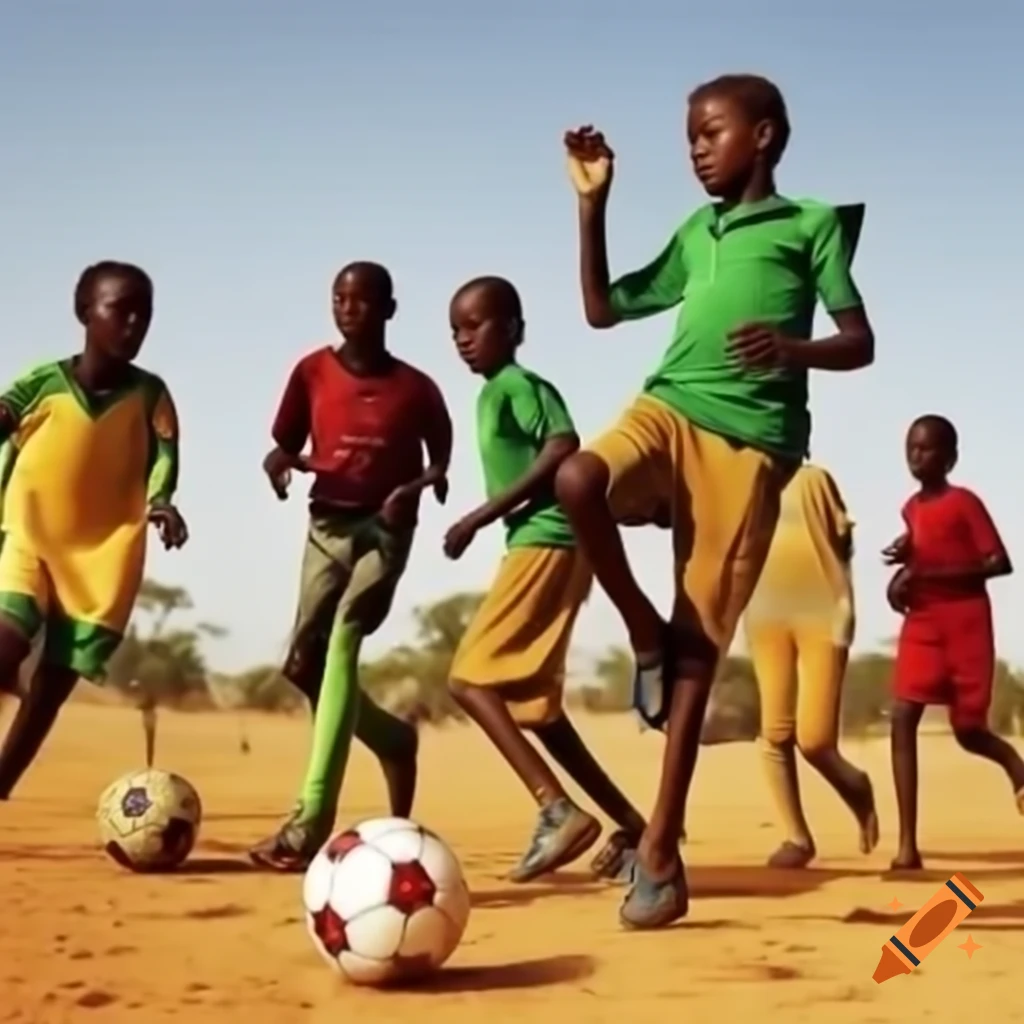 Somali children playing football in an outdoor setting on Craiyon