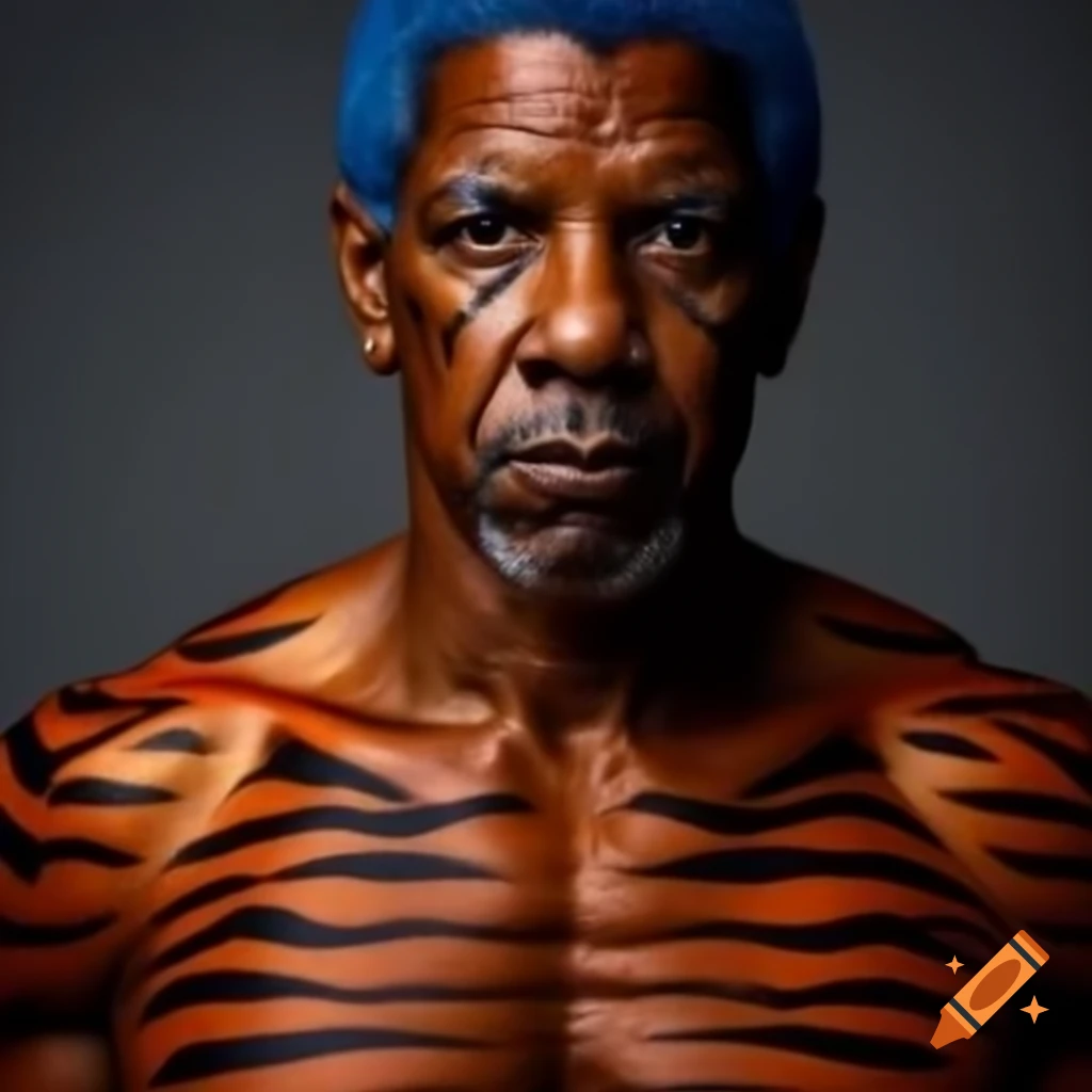 Muscular man with tiger-style makeup featuring blue hair, orange skin ...
