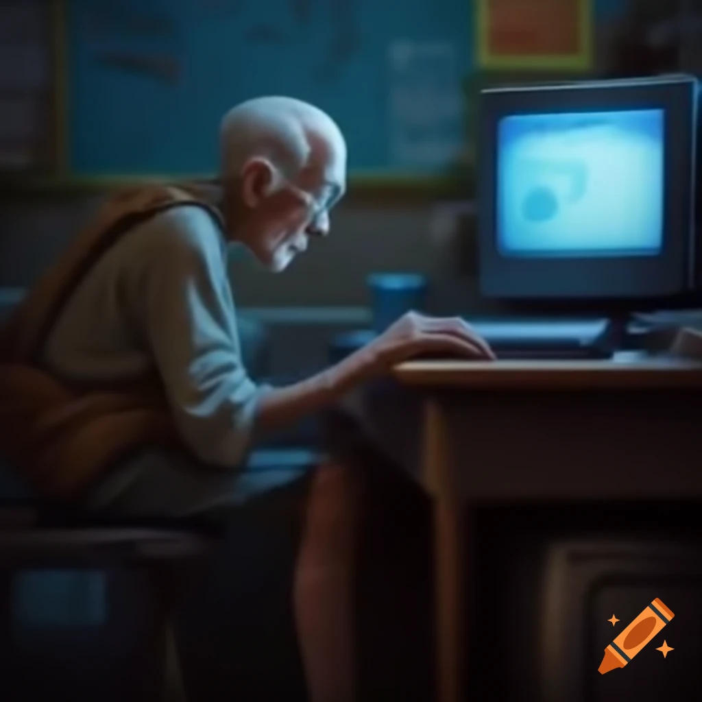Elderly man struggling to find GIFs at computer in school setting on ...