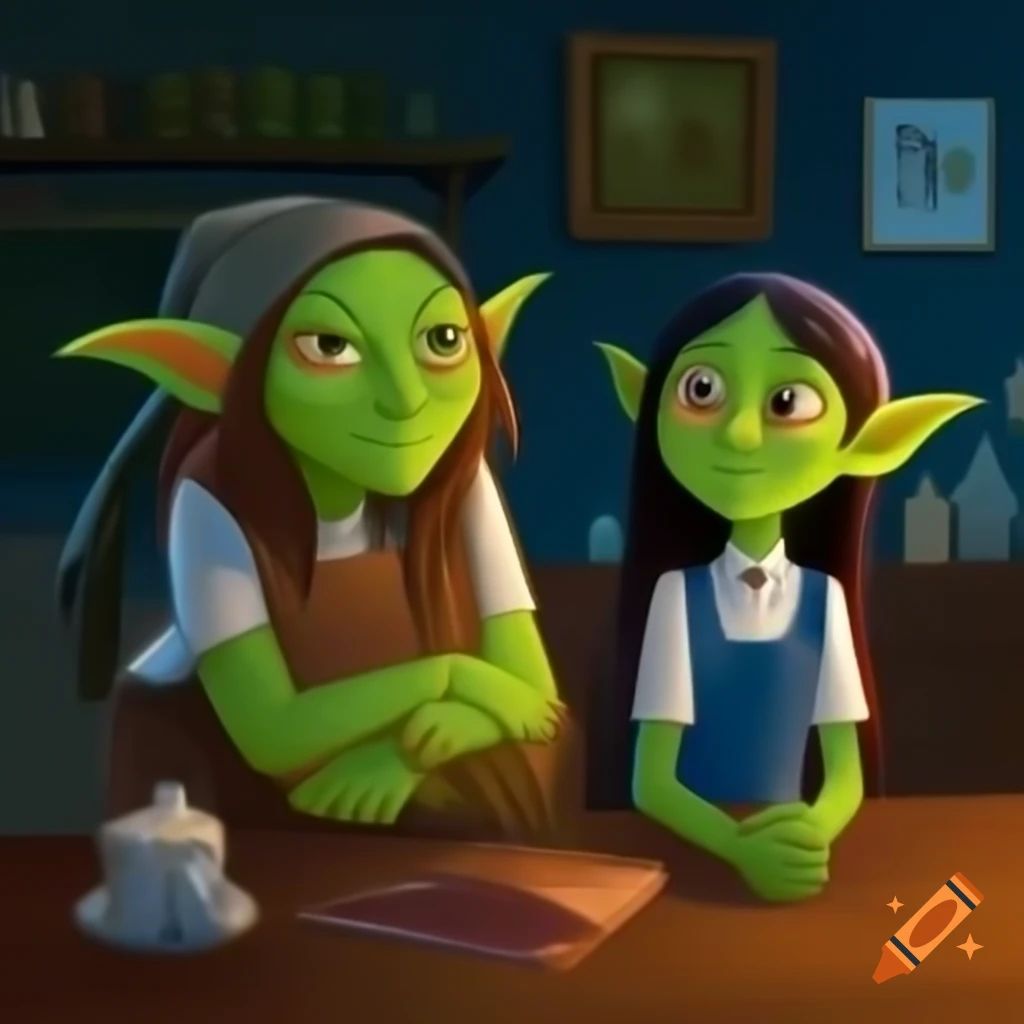 Anime goblin girl guides human friend around her home on Craiyon