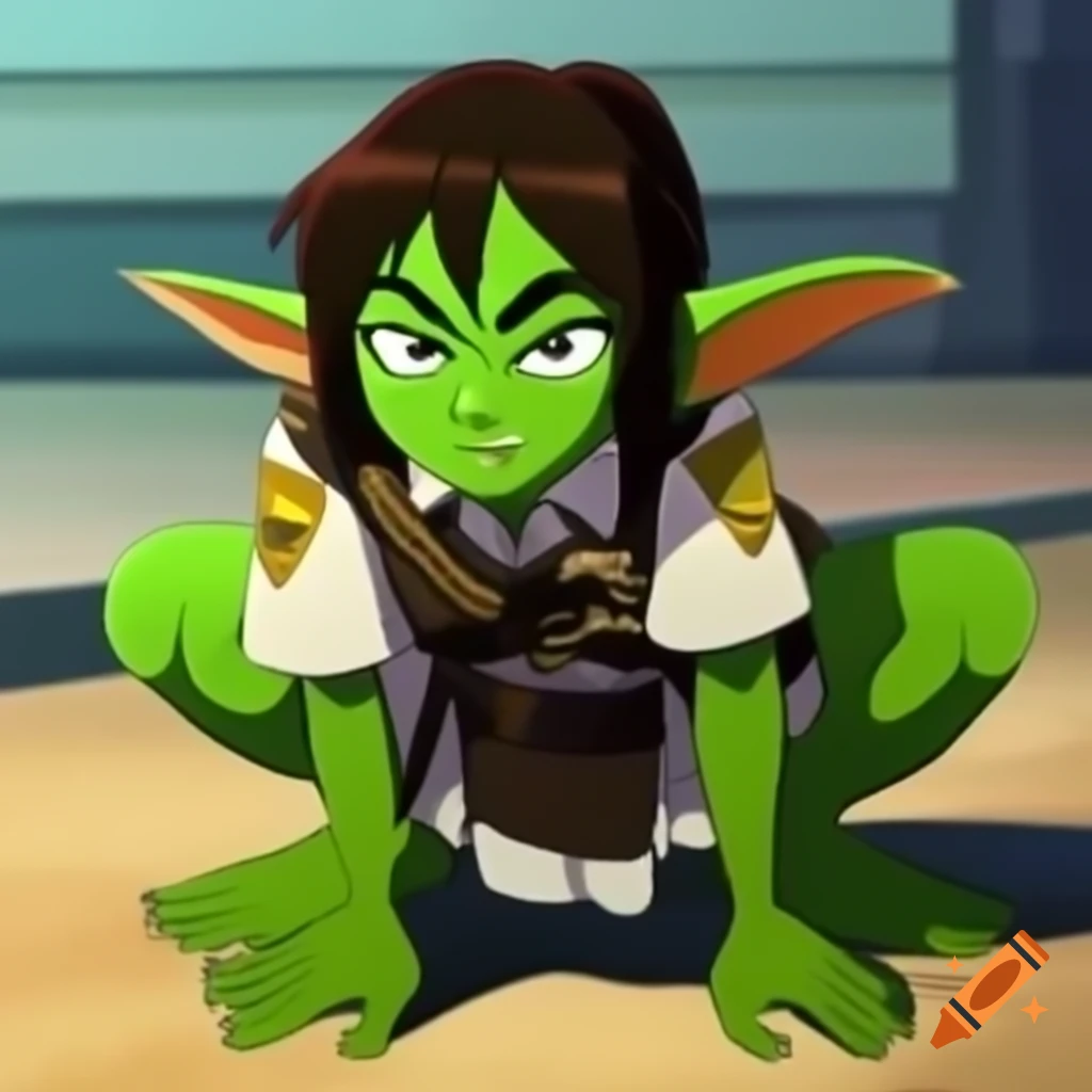 Green-skinned goblin girl in sheriff uniform crouching, anime style on ...