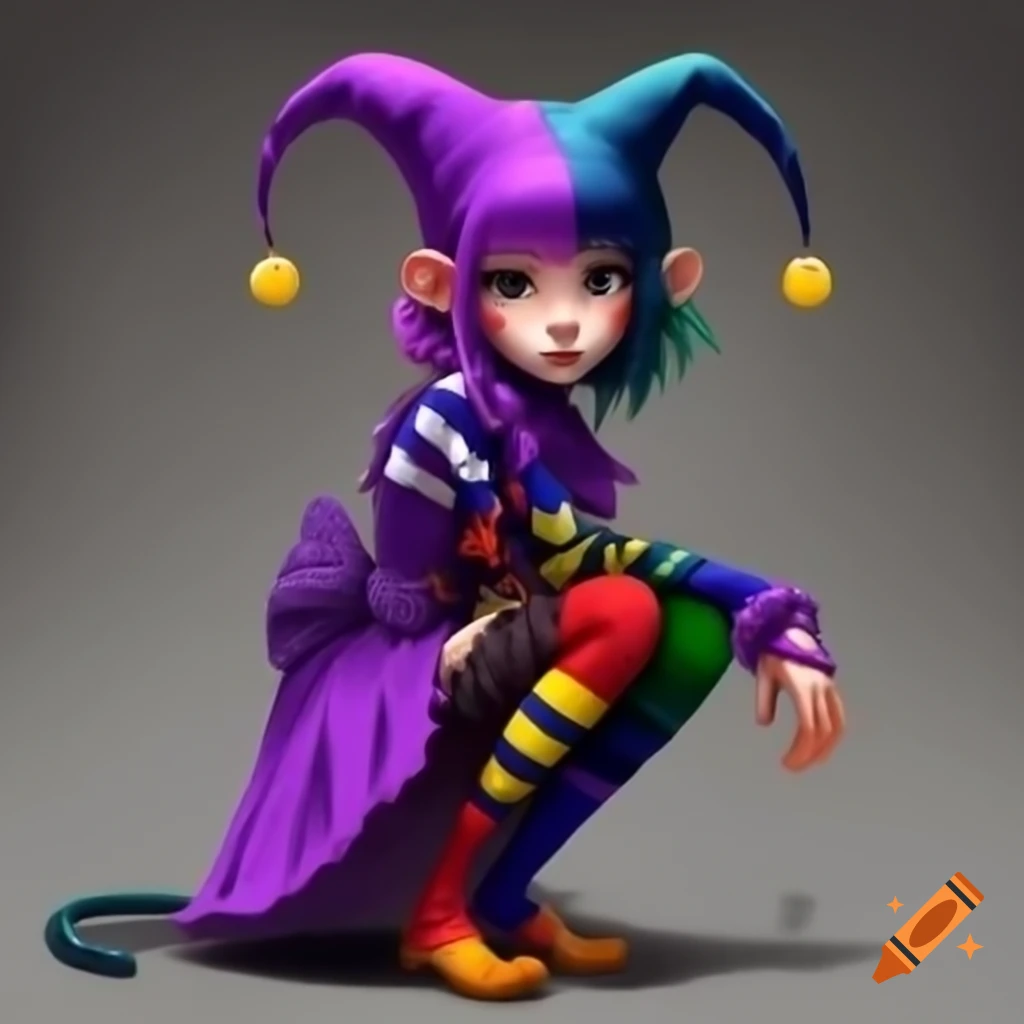 Anime jester girl with monkey ears crouching barefoot on Craiyon