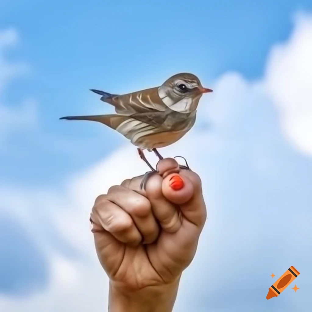 Hand holding bird with many flying in the sky on Craiyon
