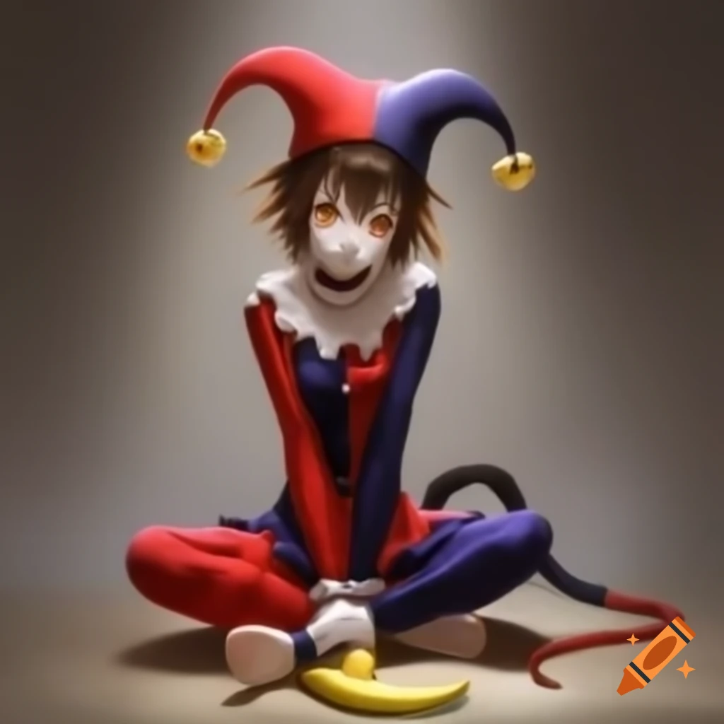 Anime jester girl with monkey ears crouching and eating banana on Craiyon