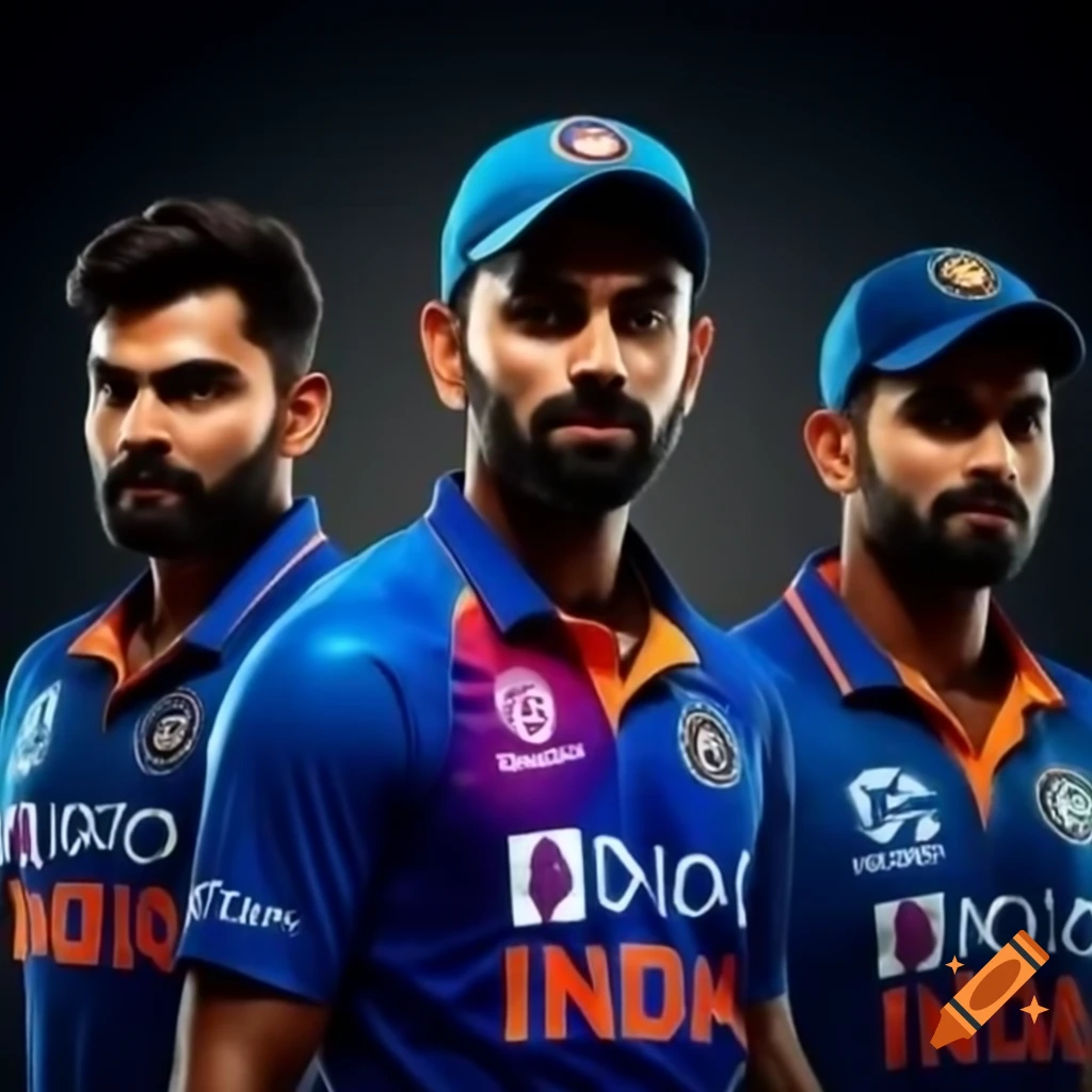 Backside view of cricket players wearing Indian jerseys in game setting ...