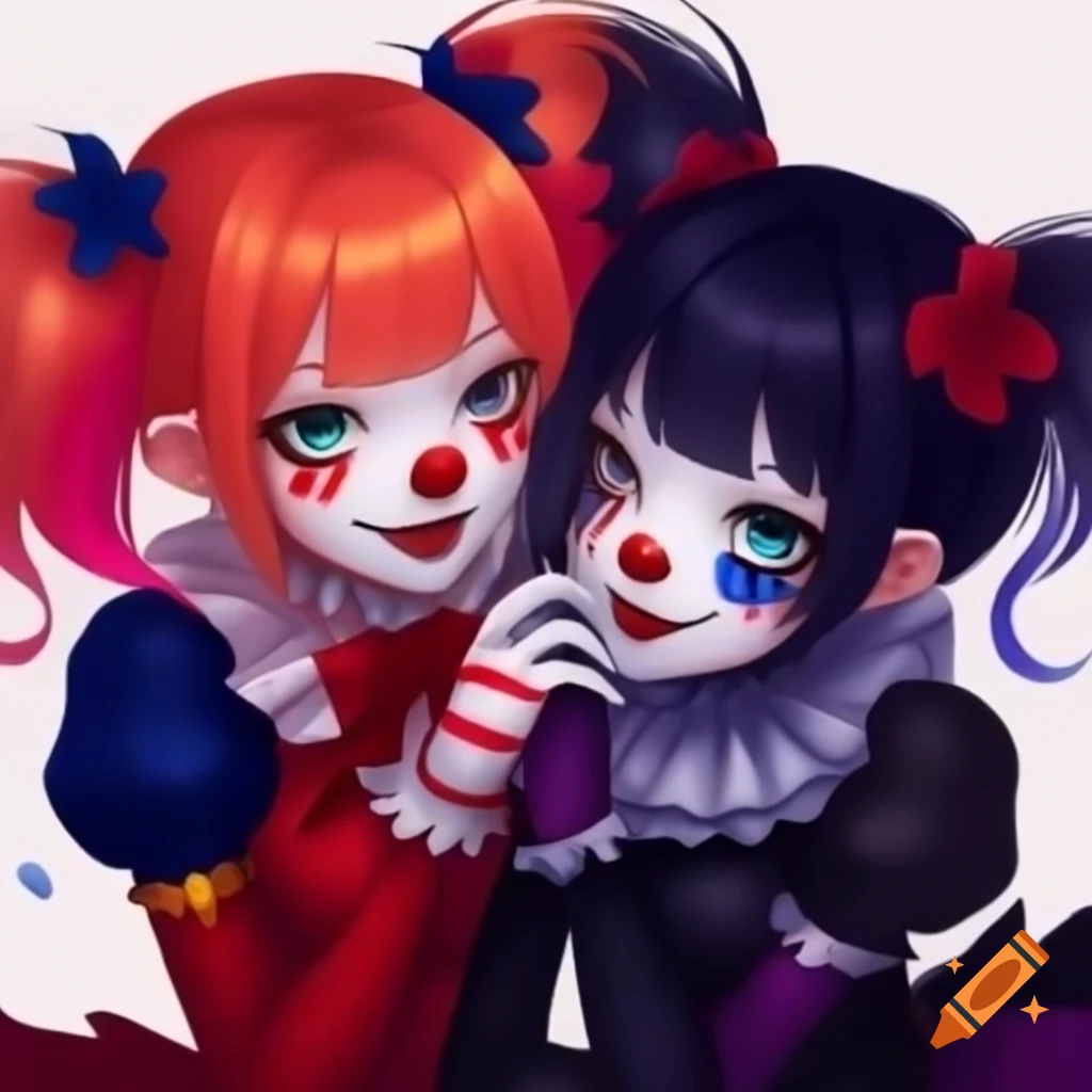 Colorful anime clown girl with dark harlequin girl sharing a moment on ...