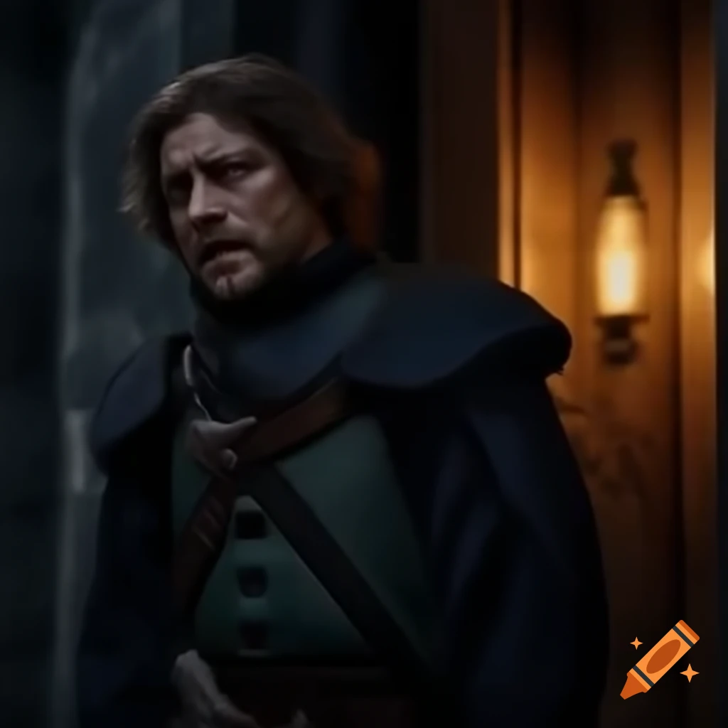 Renaissance soldier in uniform looking down in regret outside a door on ...