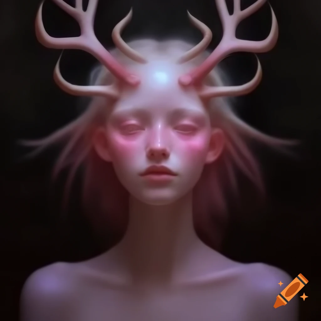 Surreal woman with antler-like crests and pale skin, hairless body on ...