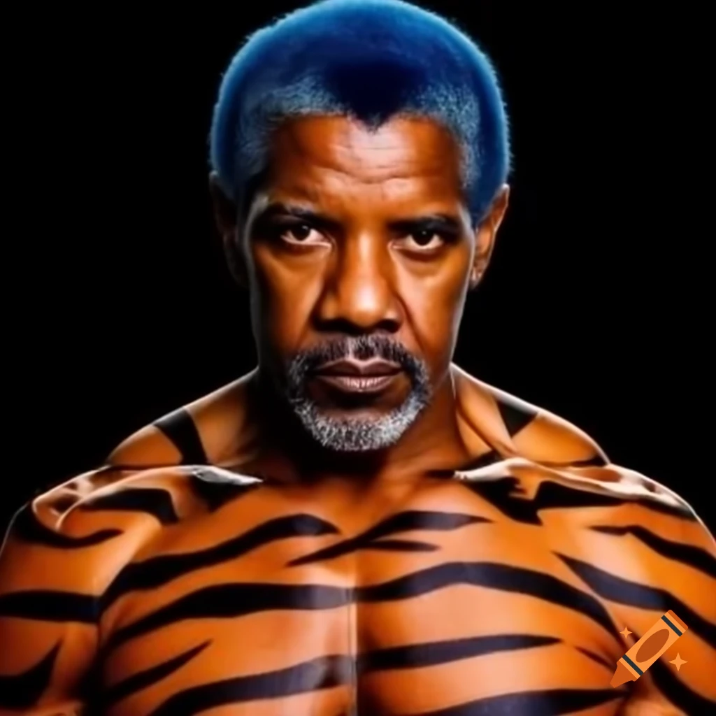 Muscular man with tiger-style makeup featuring blue hair and orange ...