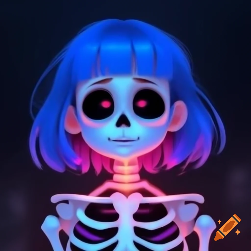 Skeleton girl with blue hair illuminated by soft pink light on Craiyon