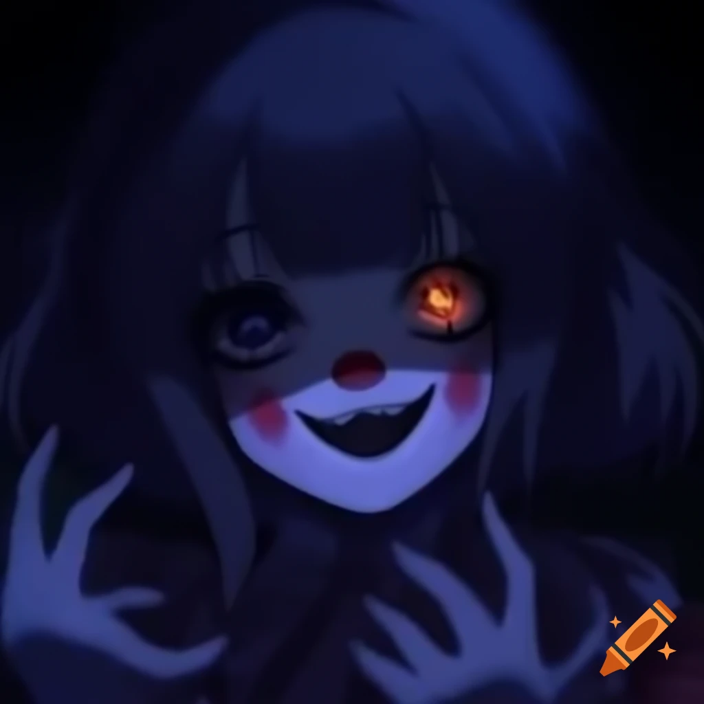 Dark anime clown girl dancing with softly glowing eyes on Craiyon