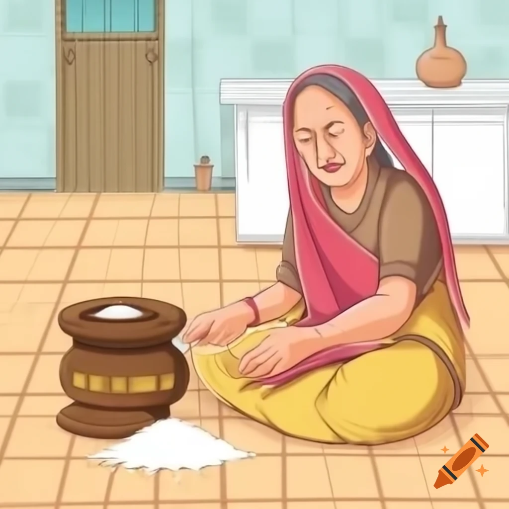 Grandmother making beaten rice with traditional stone grinder in ...