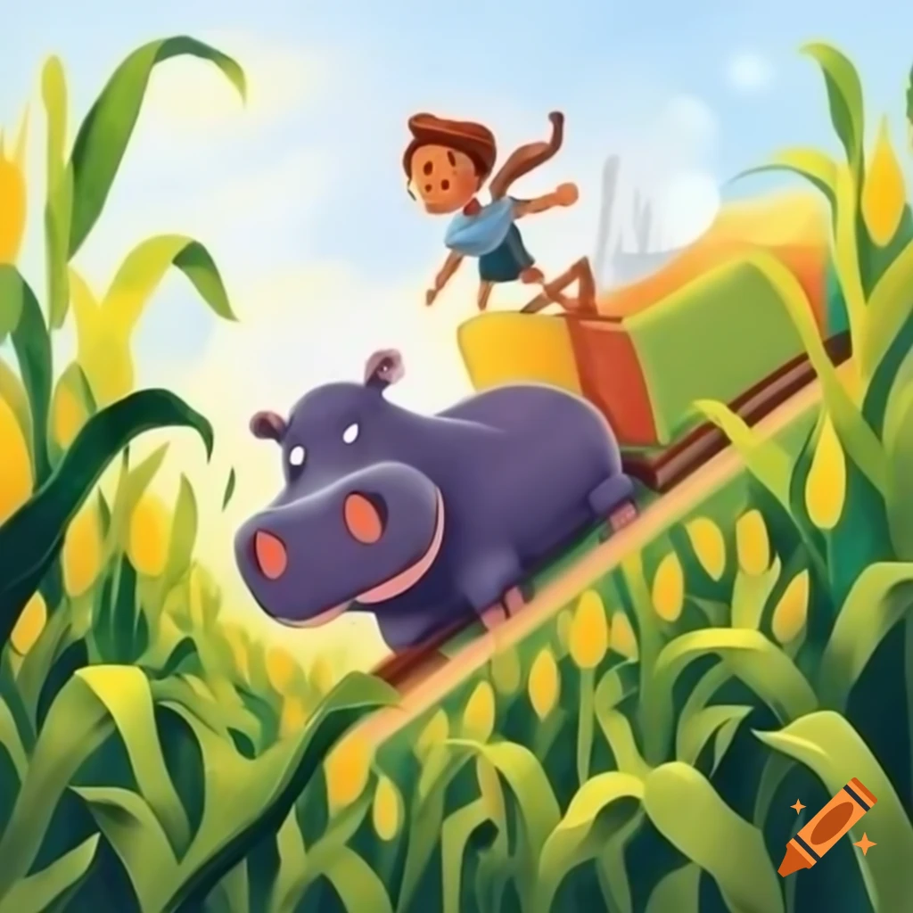 Joyful hippo riding a train through vibrant cornfield, whimsical school ...