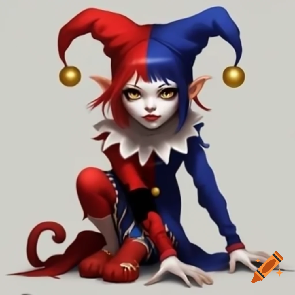Anime jester girl with monkey ears in a crouching pose on Craiyon