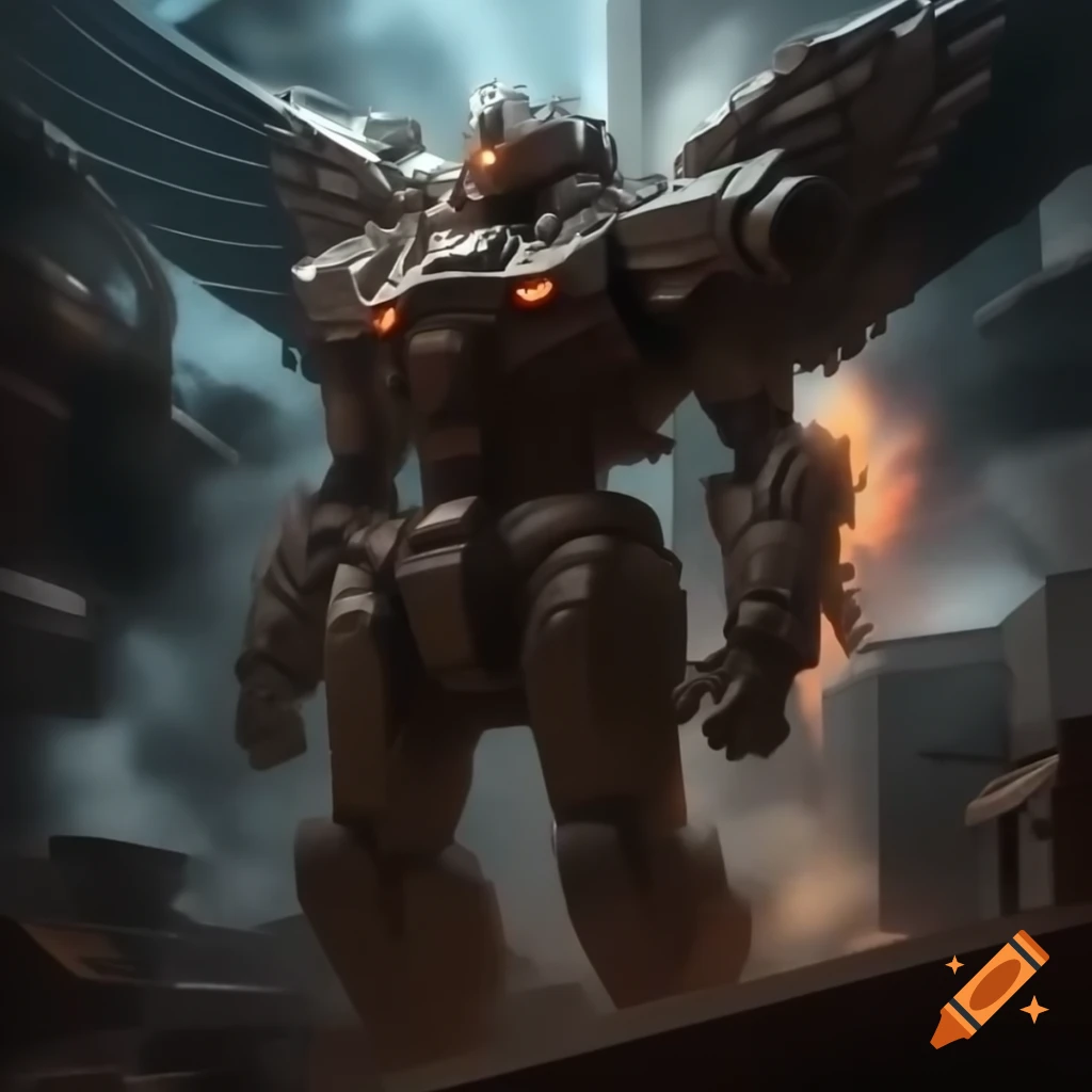 Towering multi-armed automaton with gears and fiery energy blasts on ...