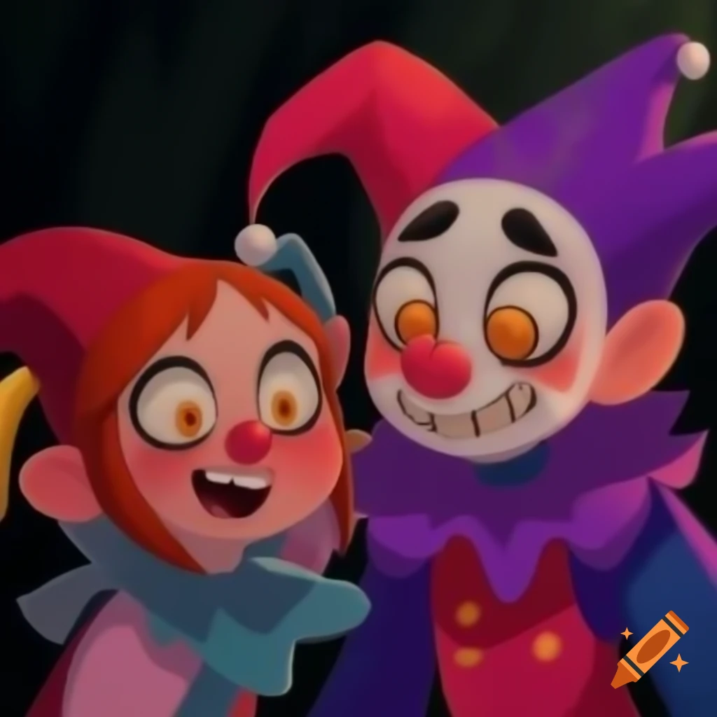 Anime jester in vibrant colors interacting with enigmatic friend in ...