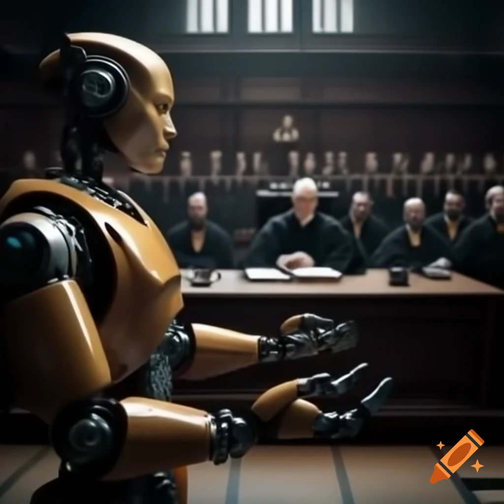 Robot interacting with judge in busy courtroom on Craiyon