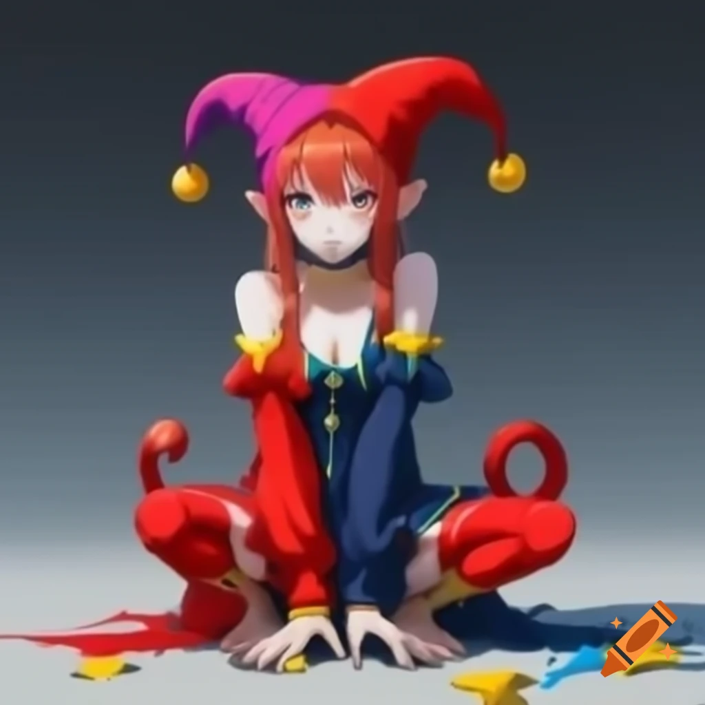 Anime jester girl with monkey ears crouching barefoot on Craiyon