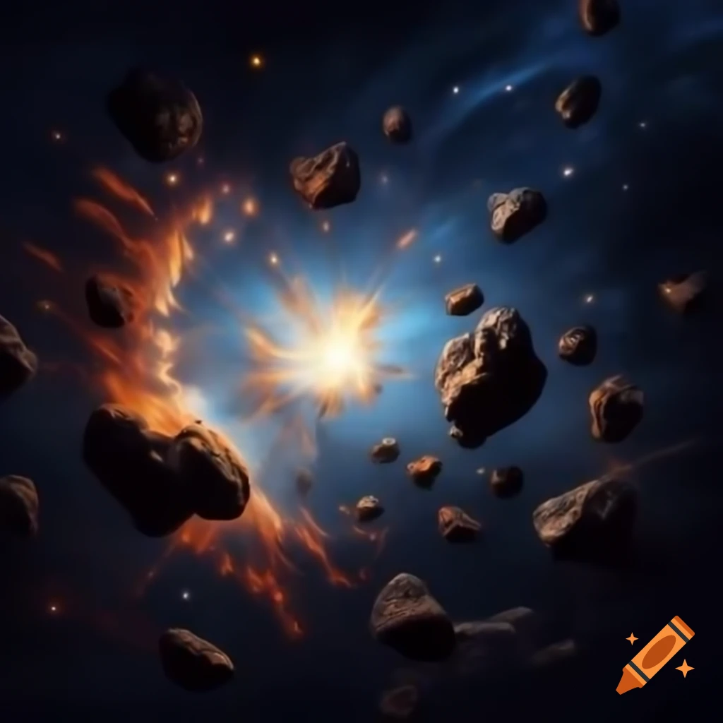 Celestial fireworks display with burning asteroids lighting up midnight sky on Craiyon