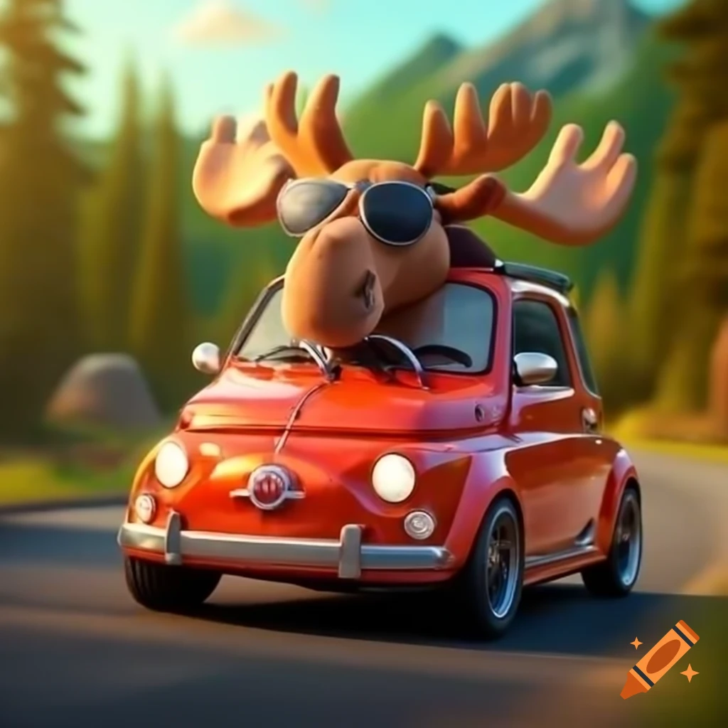 Cartoon moose in sunglasses driving an abarth 595 competizione on Craiyon