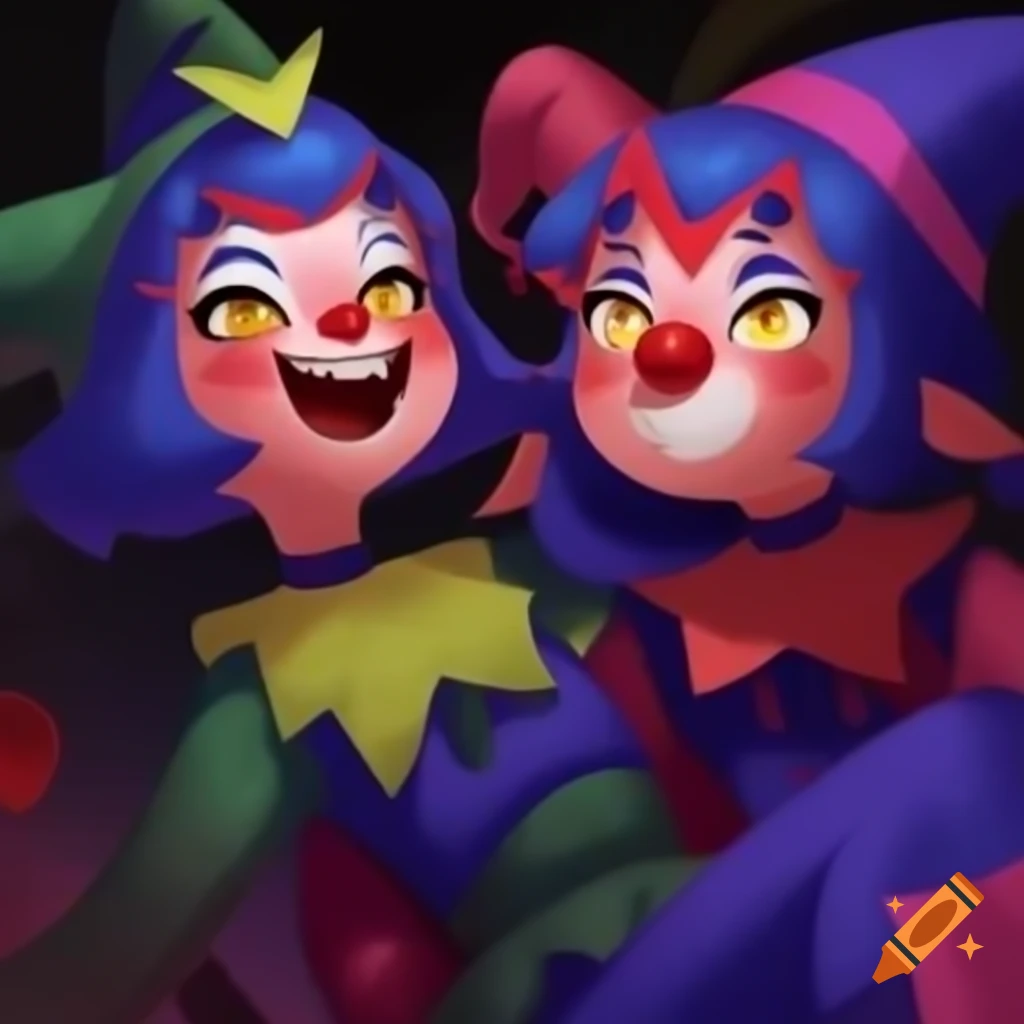 Anime jester in vibrant colors interacting with enigmatic friend in ...