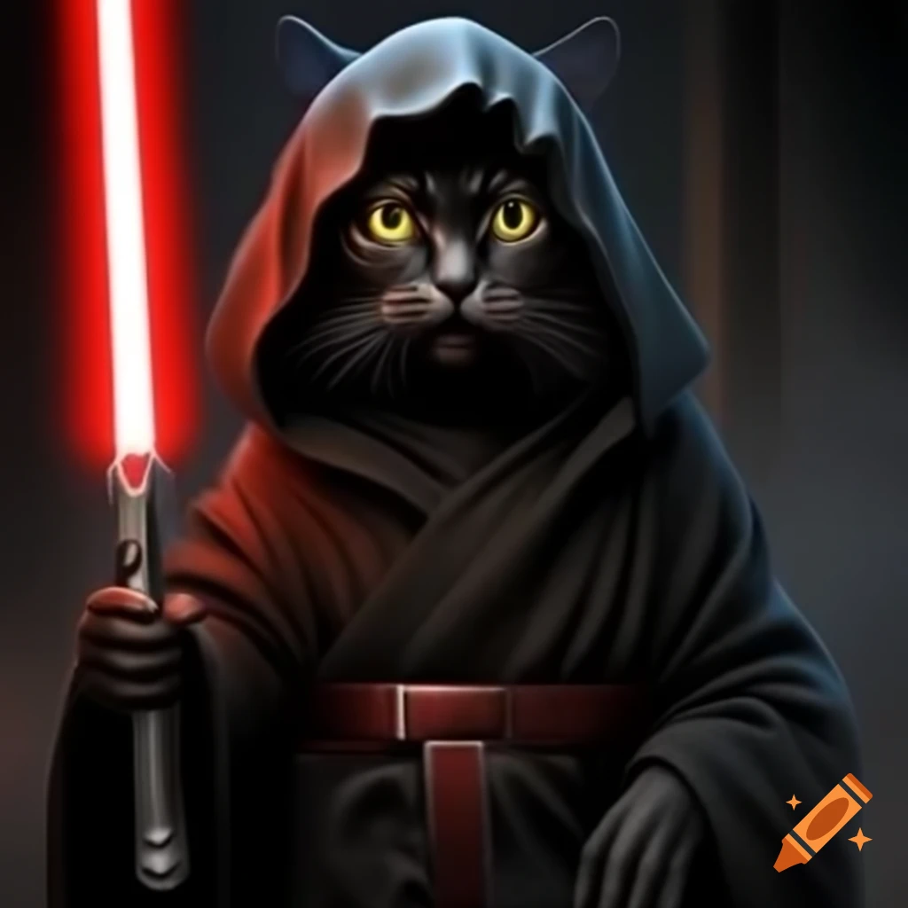 Spooky black cat in sith robe holding red lightsaber on Craiyon